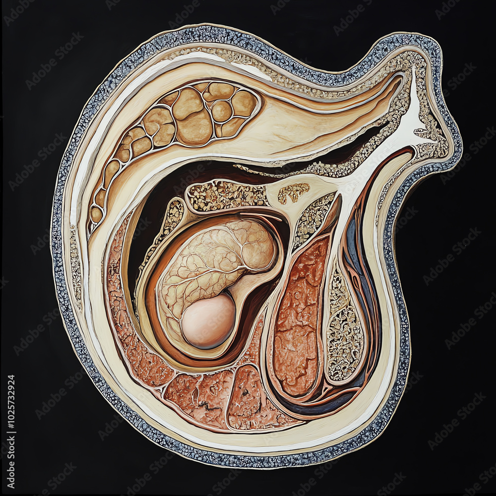 A cross-section of the uterus, showing the layers of the uterine wall and the implantation of an ...