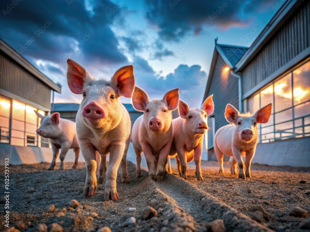 In a sleek modern pig farm, curious piglets roam, captured in striking ...
