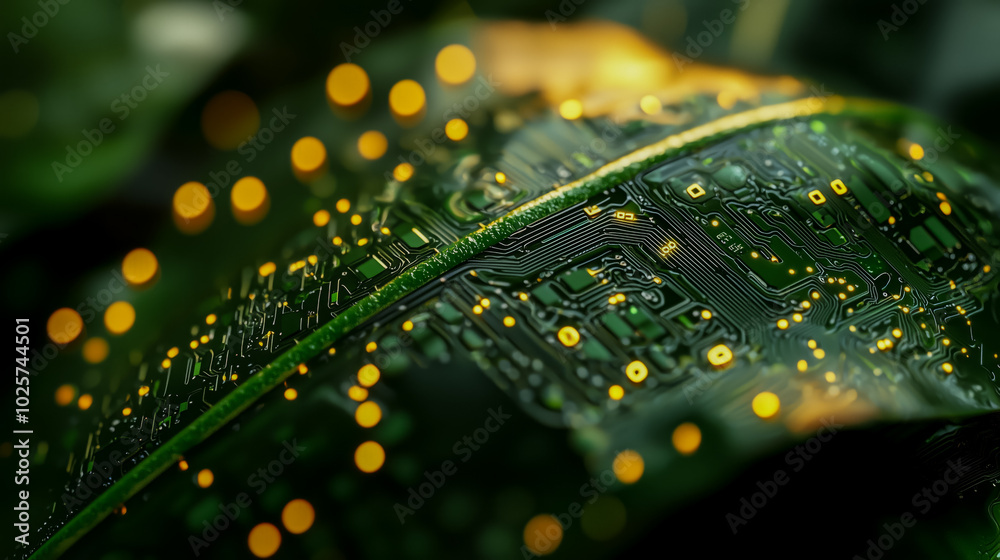 a green front-facing tree leaf, with veins replaced by electronic ...