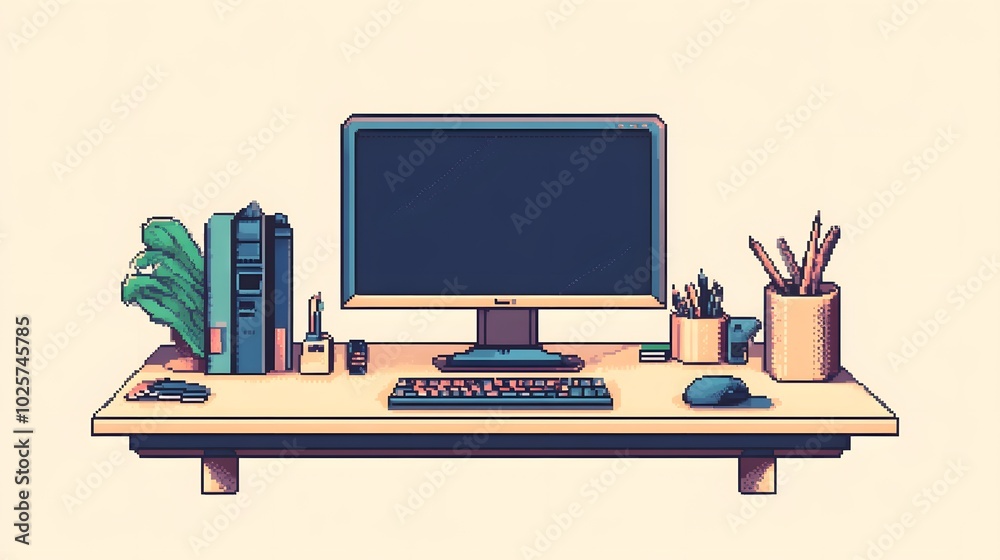 74. An 8-bit pixel art of a modern desk organizer, designed with ...