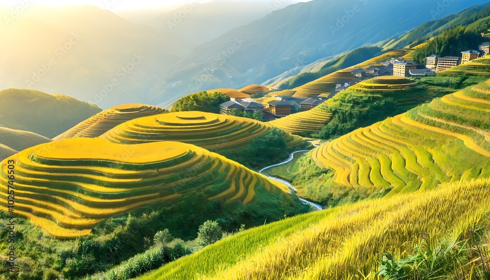 Magnificent Longji Rice Terraces, Golden Paddy Fields Reflect a ...