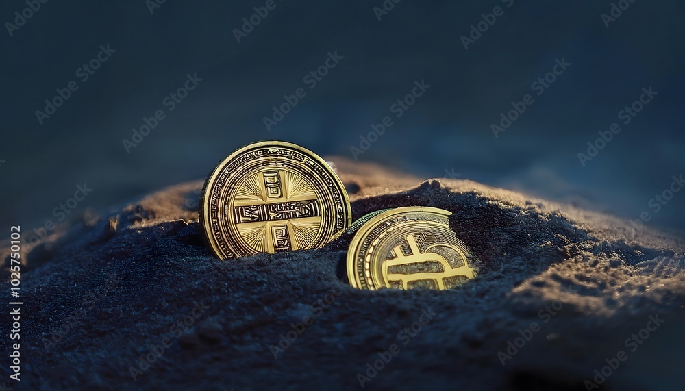 Ancient gold coins buried in the sand It symbolizes hidden treasure ...
