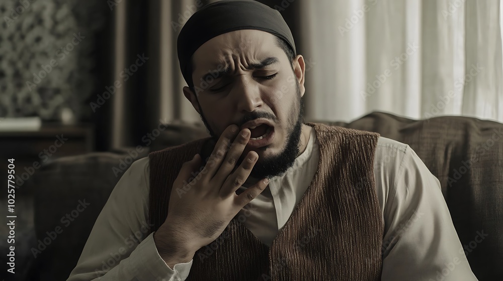 Muslim young man sitting on the sofa at home, holding his chest with ...