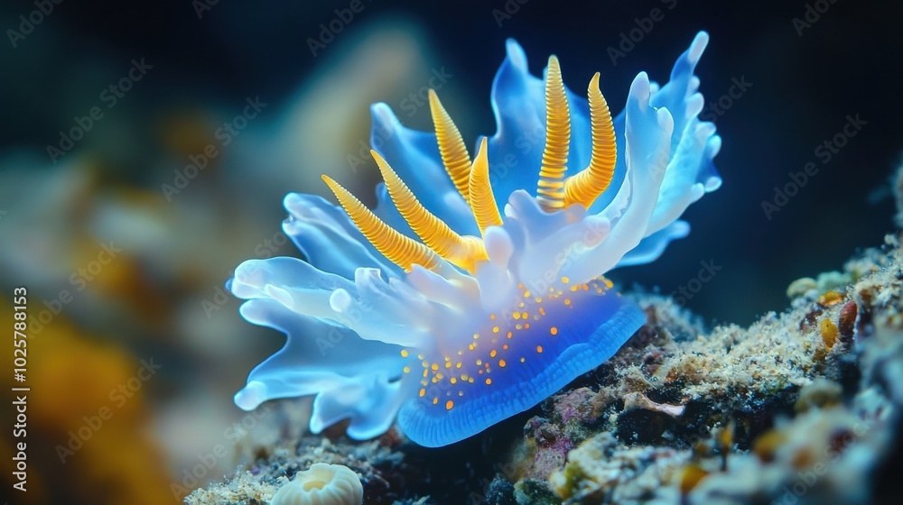 Light blue nudibranch mollusk with yellow rhinophores and tentacles ...