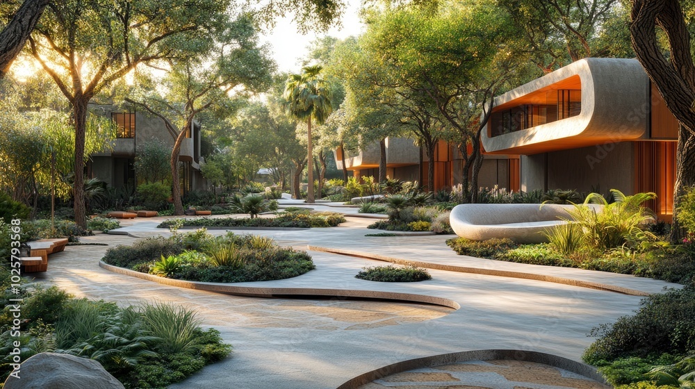 A meticulously designed urban park with winding paths, modern seating ...