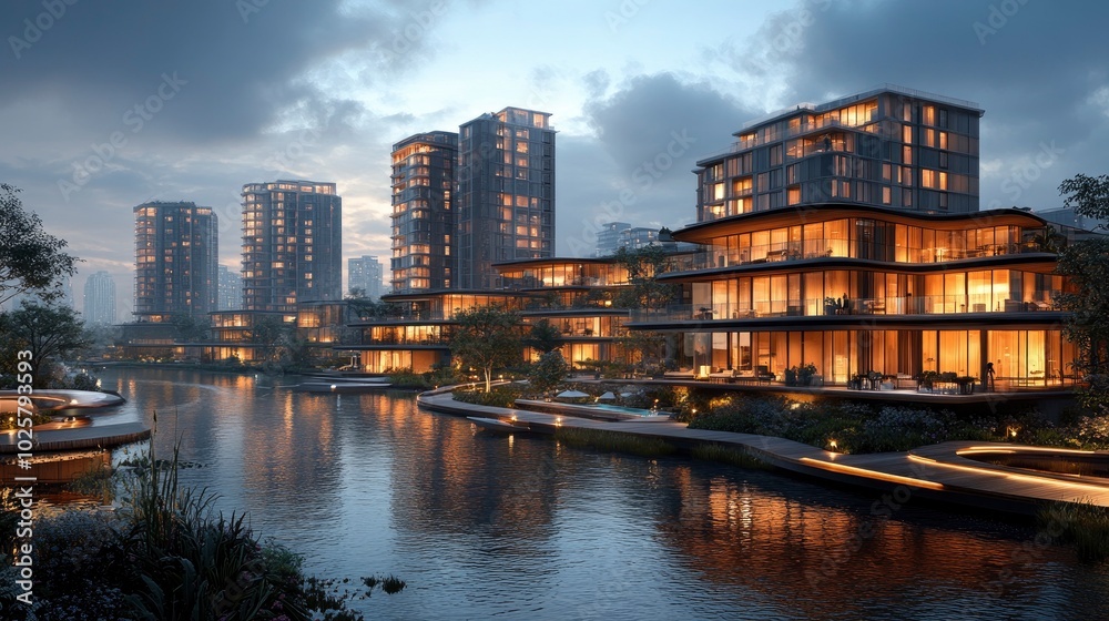 A cutting-edge urban waterfront development with mixed-use buildings ...