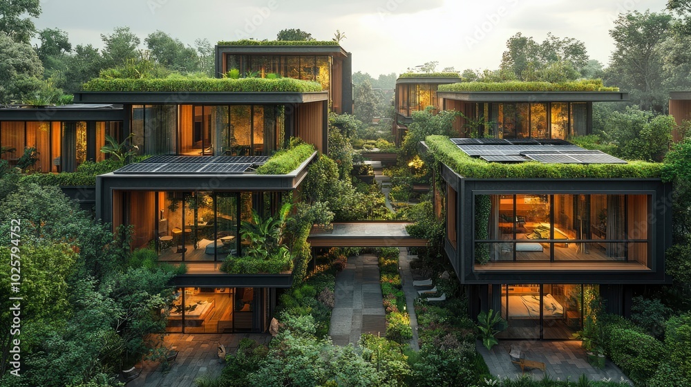 A carefully planned urban housing complex with green roofs, solar ...