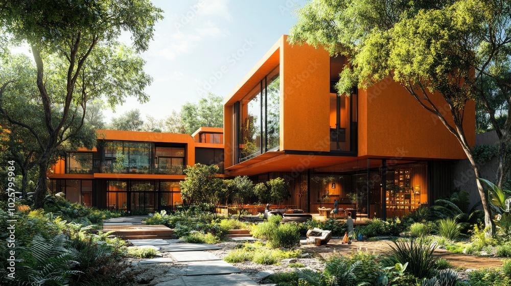 A modern urban school with open spaces, sustainable architecture, and ...