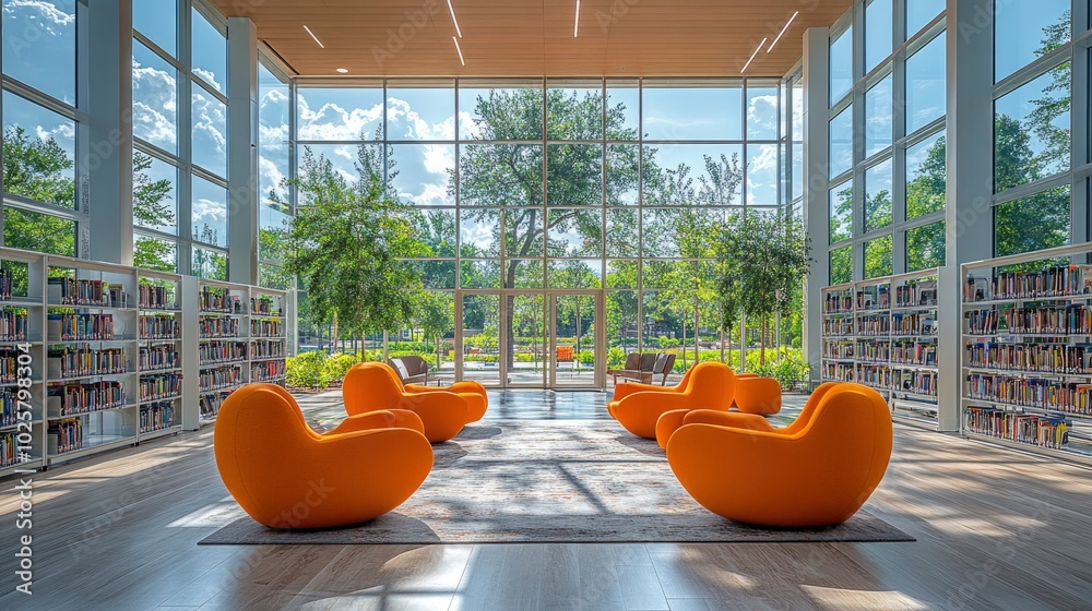 A modern urban library with large glass windows, open reading areas ...