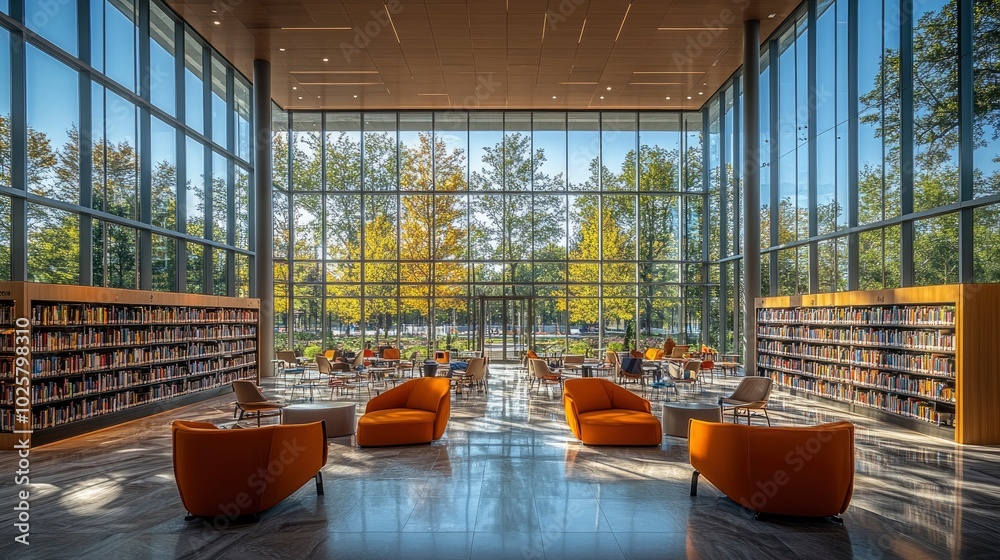 A modern urban library with large glass windows, open reading areas ...