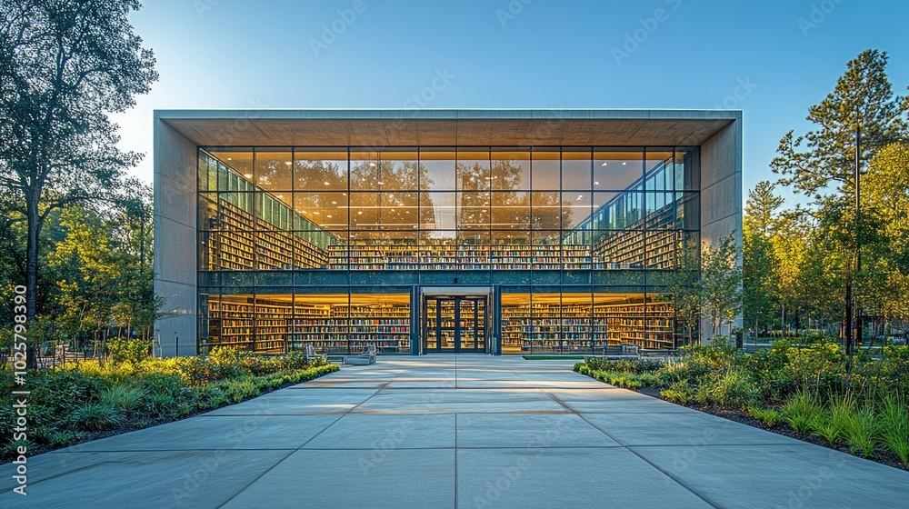 A modern urban library with large glass windows, open reading areas ...