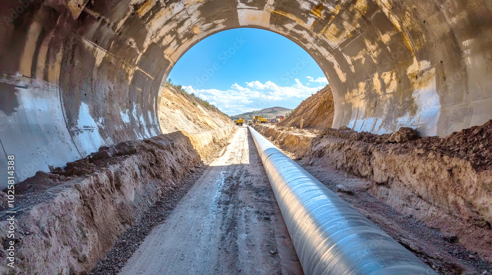 View from inside a large concrete pipe with a clear blue sky and ...