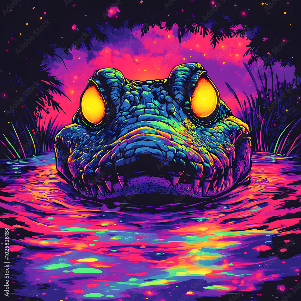 Surreal neon illustration of a crocodile emerging from a glowing ...
