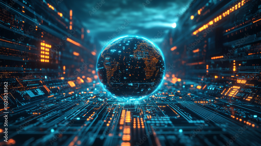 A futuristic scene with a glowing Earth surrounded by circuit boards ...