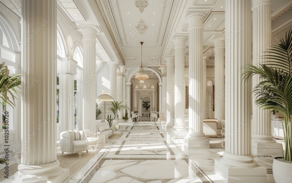 Luxurious white interior with tall marble columns and decorative ...