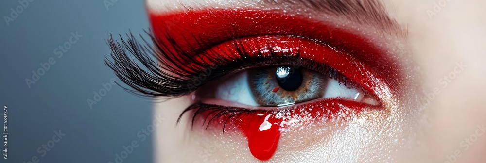 A tight shot of a woman's tear-filled eye, with a single drop of blood ...