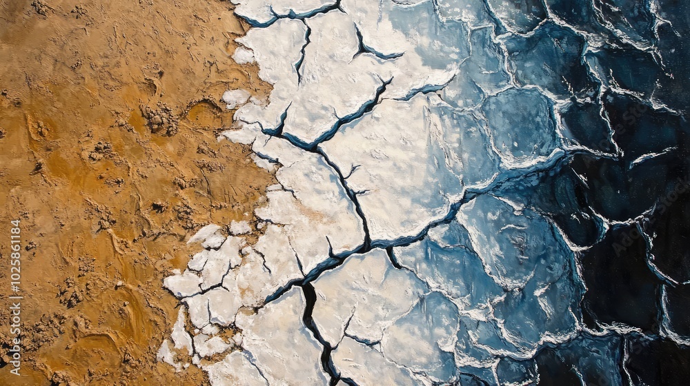 Cracked desert soil meeting a layer of ice, creating a stark visual ...