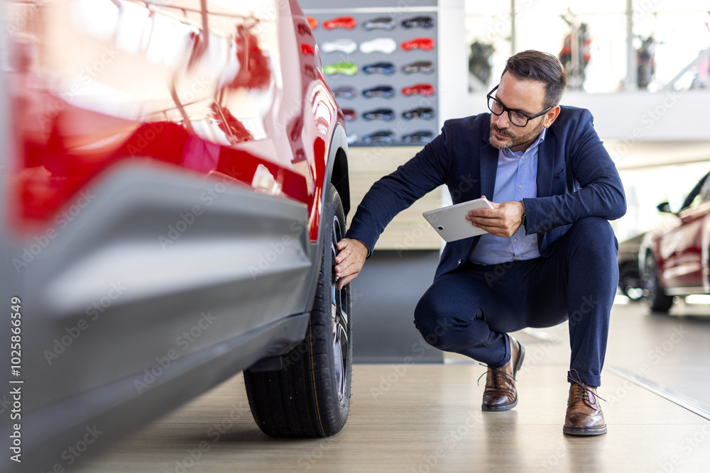 Professional salesman checking out wheels and tires of a new car at the ...