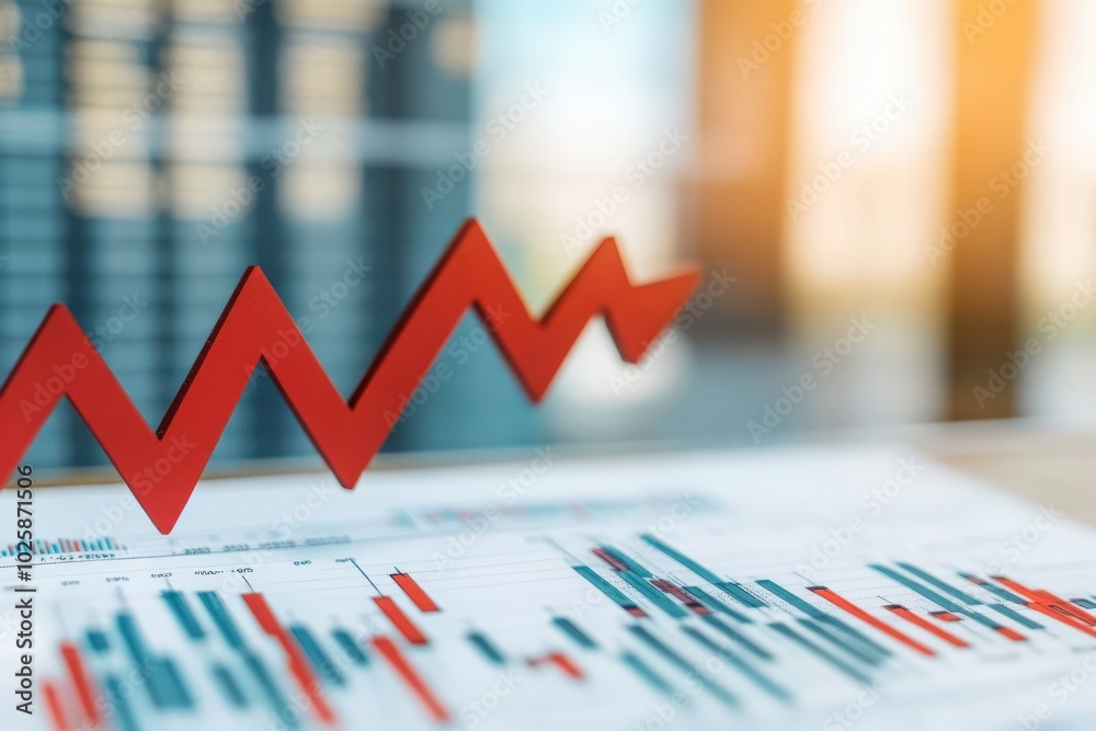A striking red arrow points downward, crashing through a chart ...
