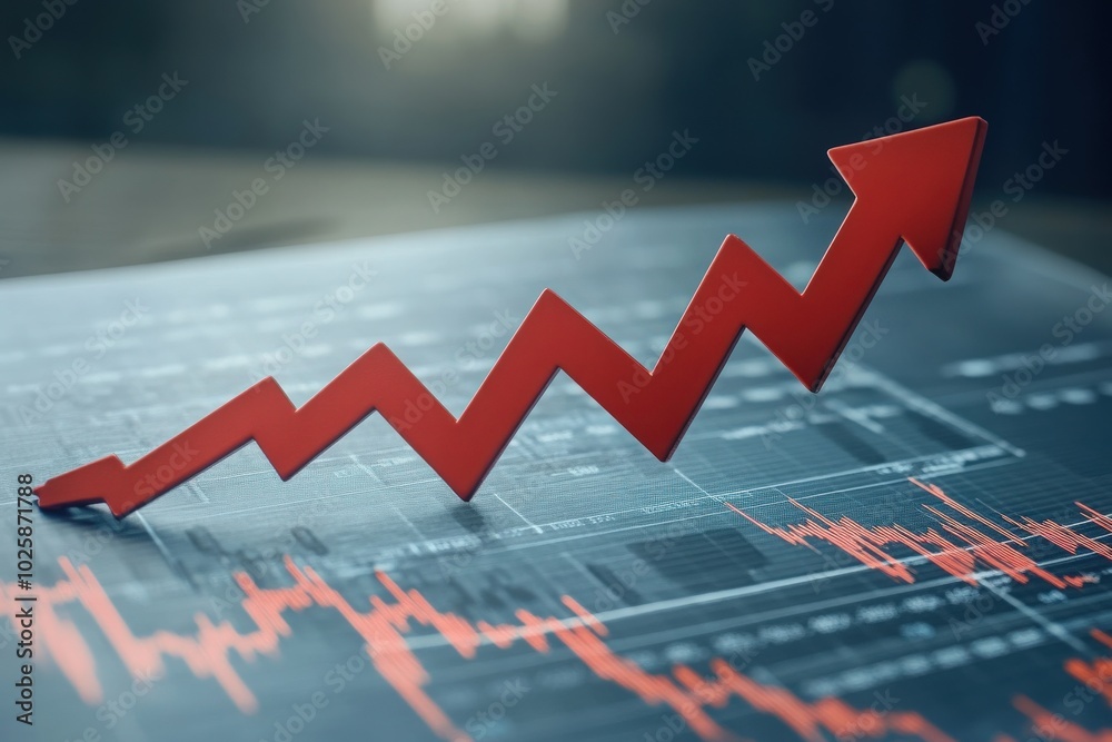A striking red arrow points downward, breaking through various data ...