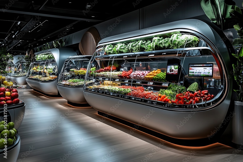 futuristic grocery store interior with sleek, modern produce display ...