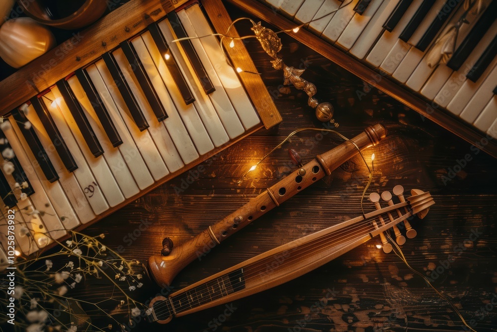 Glowing classical instruments sparkle with floating music notes in a ...