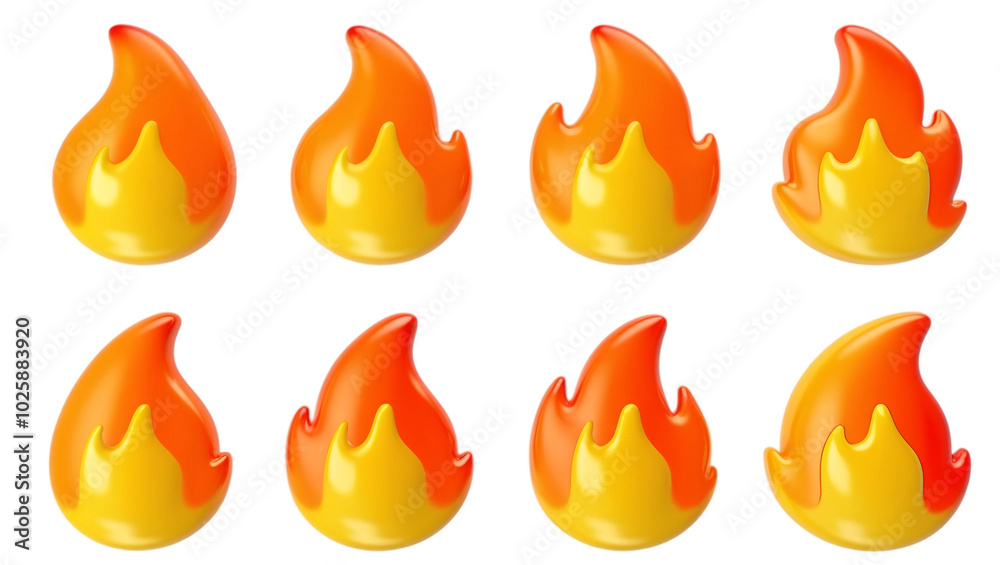 Grid Layout of Eight Identical Flame Emojis Two Rows of Four Against White Background, Featuring ...
