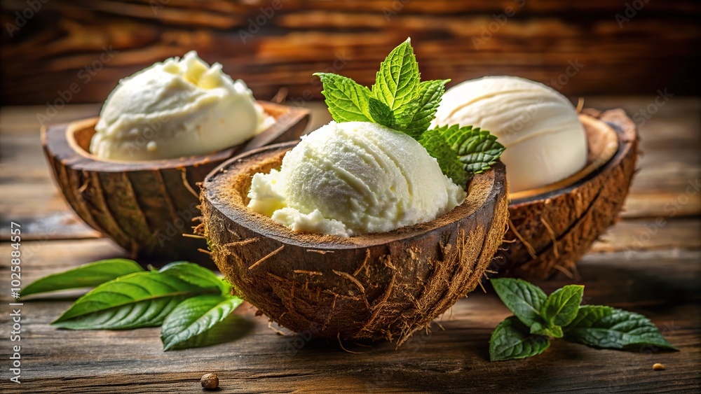 Coconut flavored ice cream served in a coconut shell Stock Photo ...