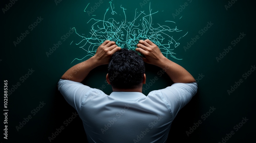 Overwhelmed: A man grappling with a multitude of tasks, his mind caught ...