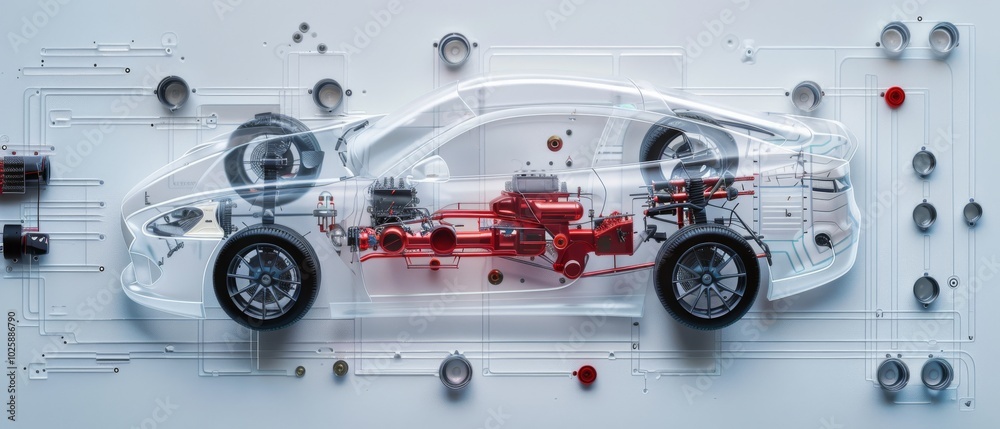 A transparent car model on a diagram backdrop, illustrating the inner ...
