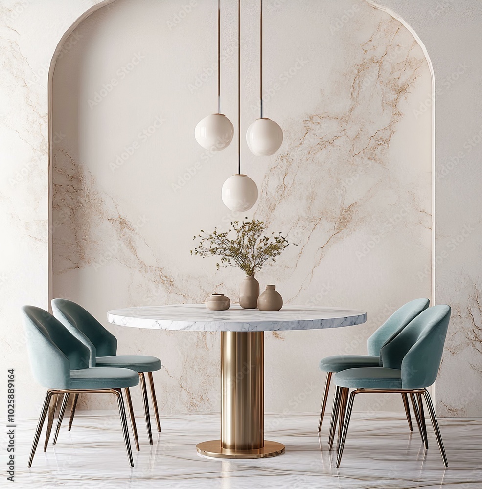 Interior design with marble round table and chairs. Modern dining room ...