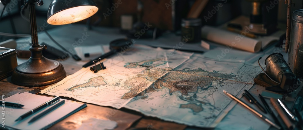 Dimly lit study with maps spread across a cluttered desk, surrounded by ...