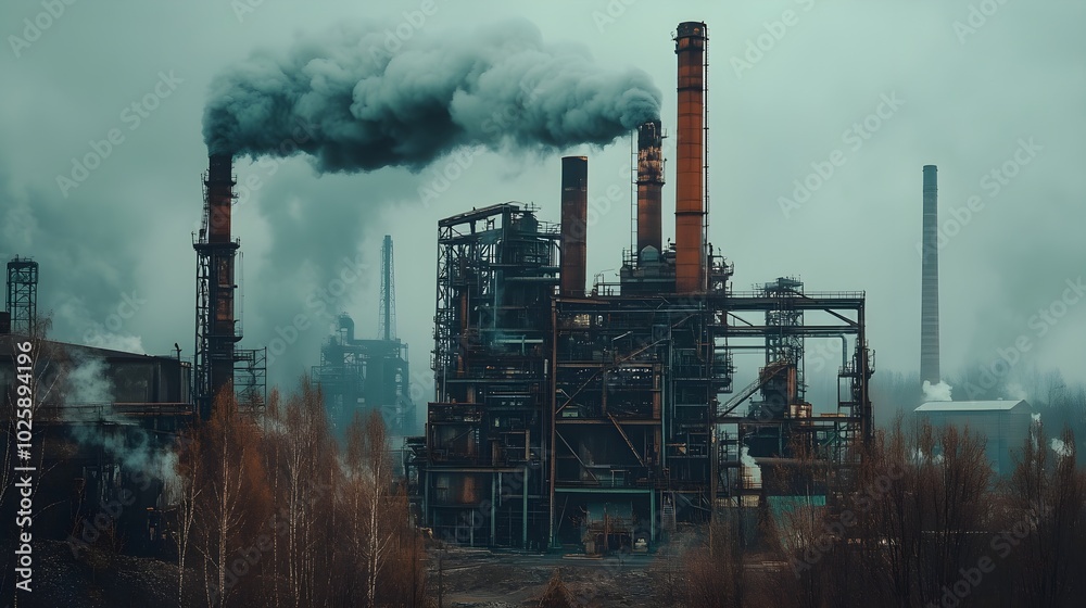 A haunting scene depicting an industrial factory with rusted structures ...