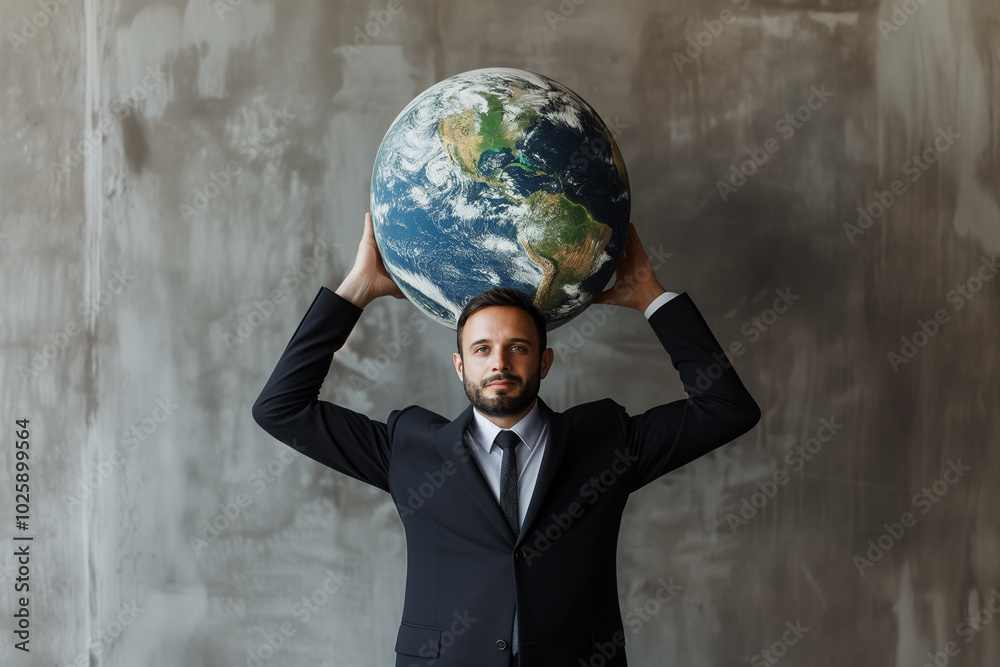A businessman is holding a globe on his head ESG Environmental, social ...