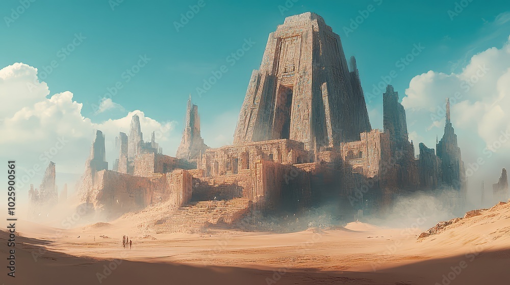 A vast desert with crumbling ruins of an ancient temple, half-buried in ...