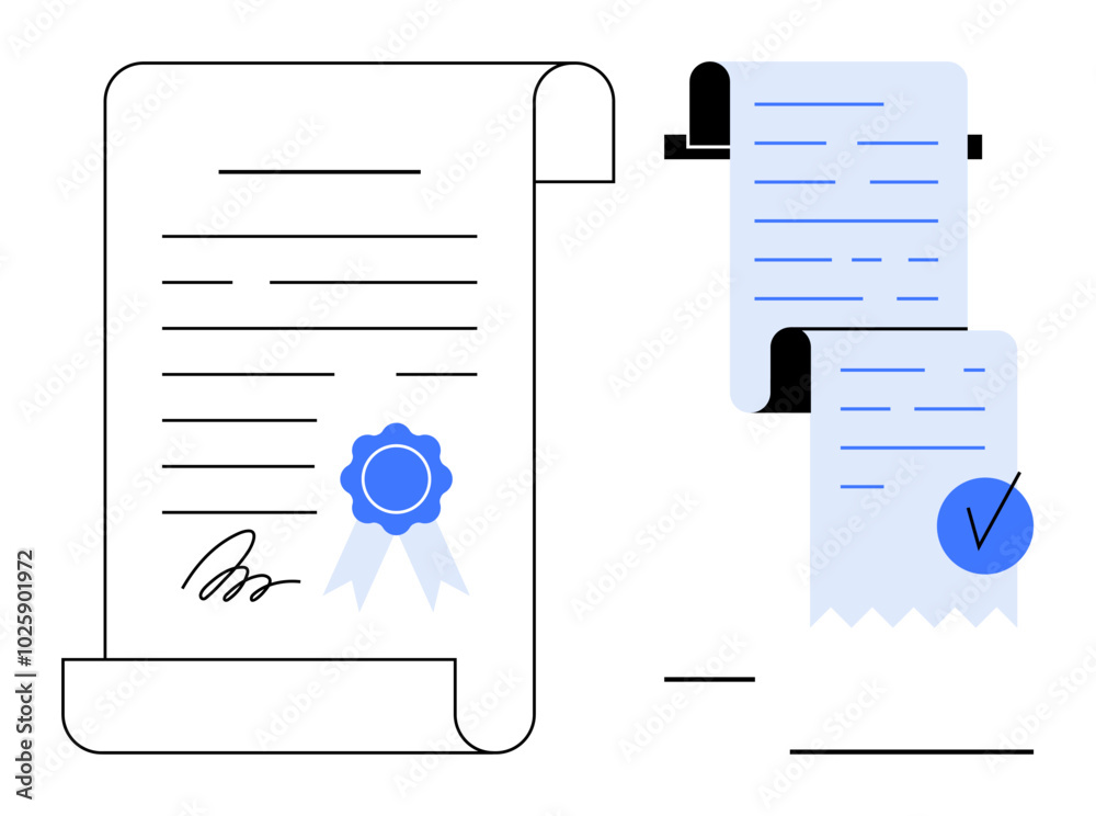 Signed certificate with blue ribbon next to two receipts, one ...