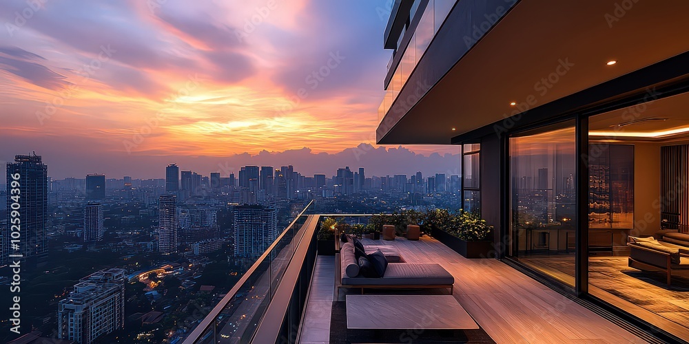 stunning sunset is viewed from a high-rise apartment balcony, with a ...