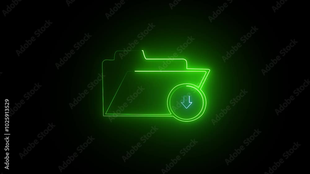 Neon Download Folder Icon in depicted in a vibrant neon glow against ...