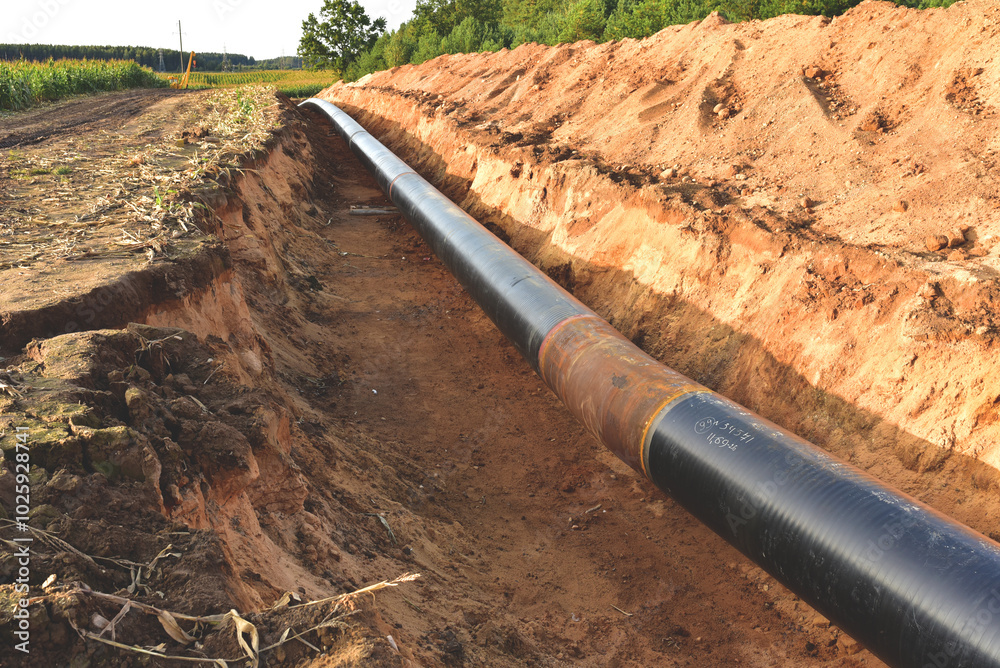 Natural Gas Pipeline Construction site. Transmission in pipe to LNG ...