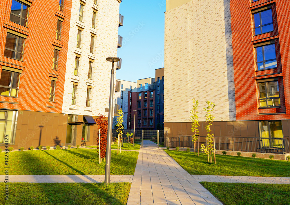 Residential Landscape Design. Green lawn at New Modern complex building ...