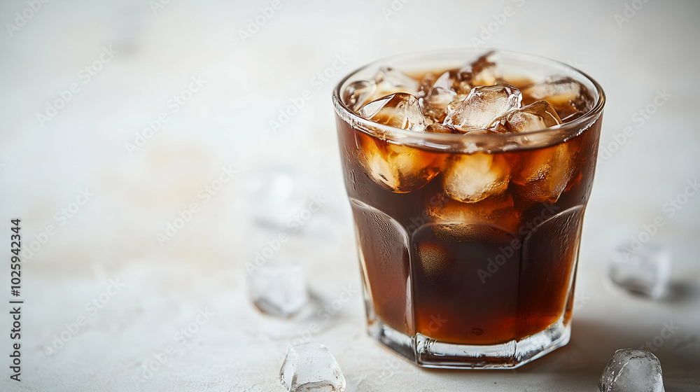 A refreshing glass of dark soda filled with ice cubes, offering a cold, thirst-quenching drink ...