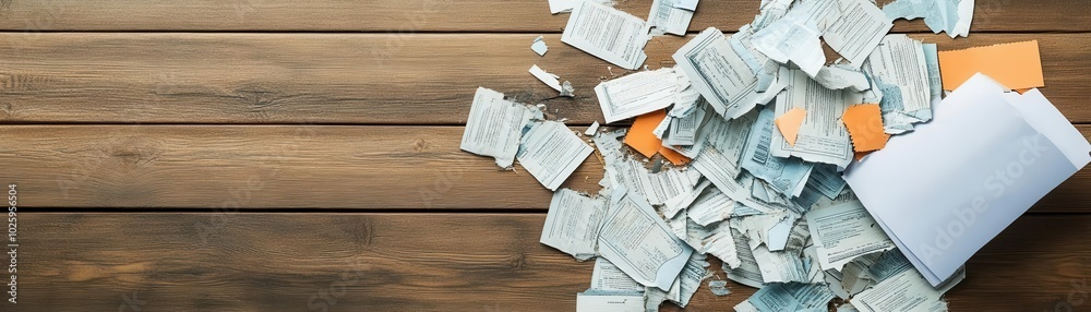 Torn-up stock certificates scattered over a desk, Stock Market Fail ...