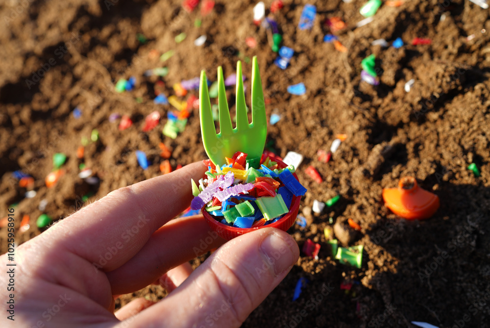 Microplastic pollution. Microplastics in ground. Soil contaminated with ...