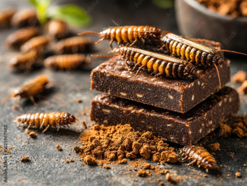 An innovative edible insect protein background, showcasing protein bars ...