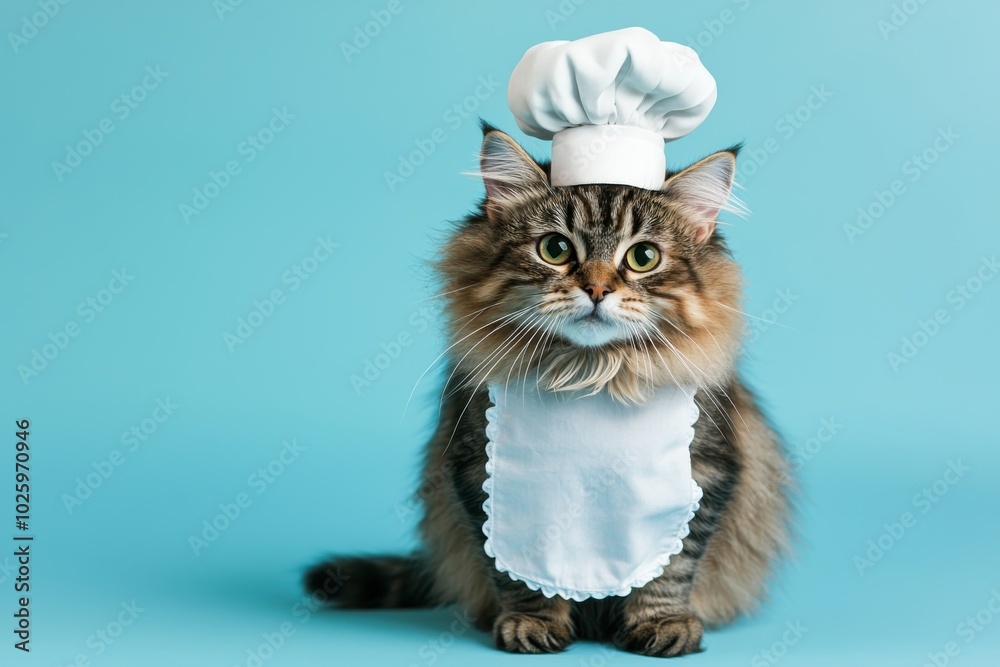 A fluffy cat dressed as a chef, complete with a chef's hat and apron ...