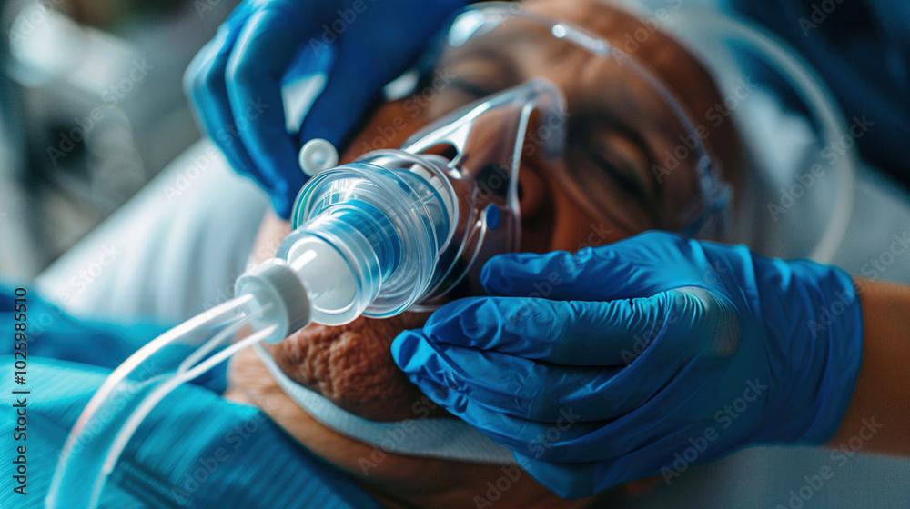 First aid help, breathing problems concept. Doctor's hands in blue ...