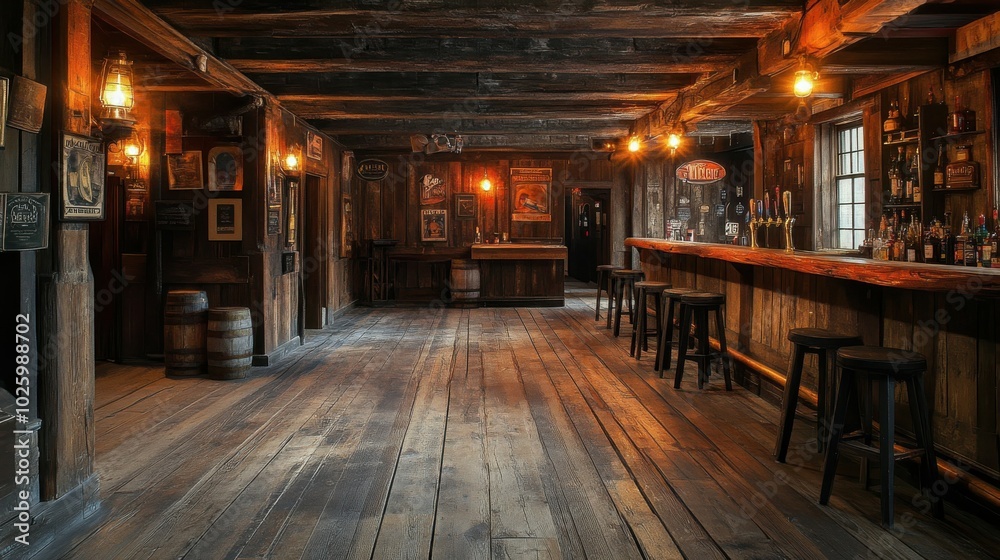 A wide-angle realistic photo of an old western saloon bar interior with ...