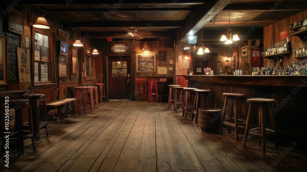 A wide-angle realistic photo of an old western saloon bar interior with ...