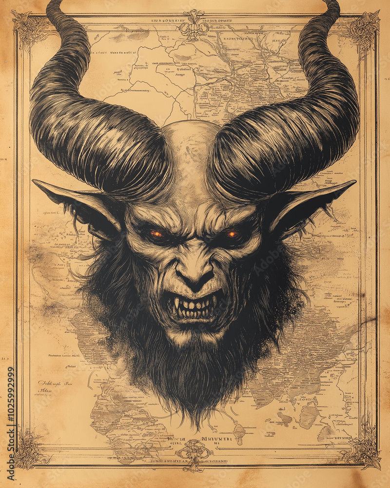 Vintage engraved angry devil card design, Vintage illustration Stock ...