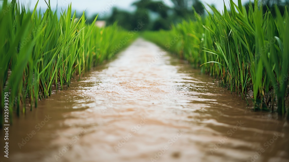 A flash flood washing away crops in a rice paddy, leaving destruction ...